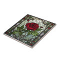 Red Rose in Window Vine Border Stained-Glass Look Ceramic Tile | Zazzle