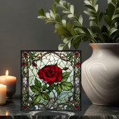 Red Rose in Window Vine Border Stained-Glass Look Ceramic Tile | Zazzle