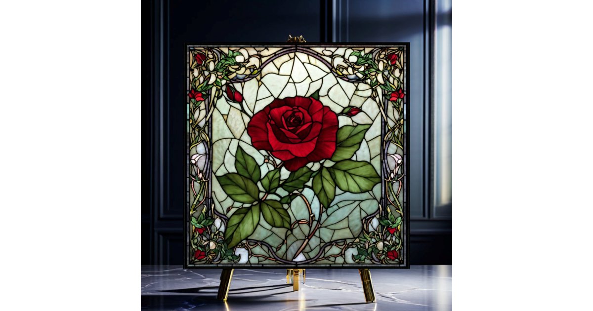 Red Rose in Window Vine Border Stained-Glass Look Ceramic Tile | Zazzle