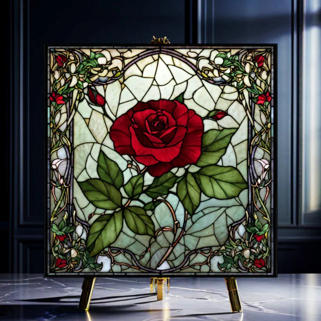 Red Rose in Window Vine Border Stained-Glass Look Ceramic Tile | Zazzle