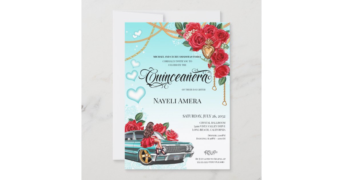 Red Rose Lowrider Chola Chicano Quinceanera Invitation | Zazzle