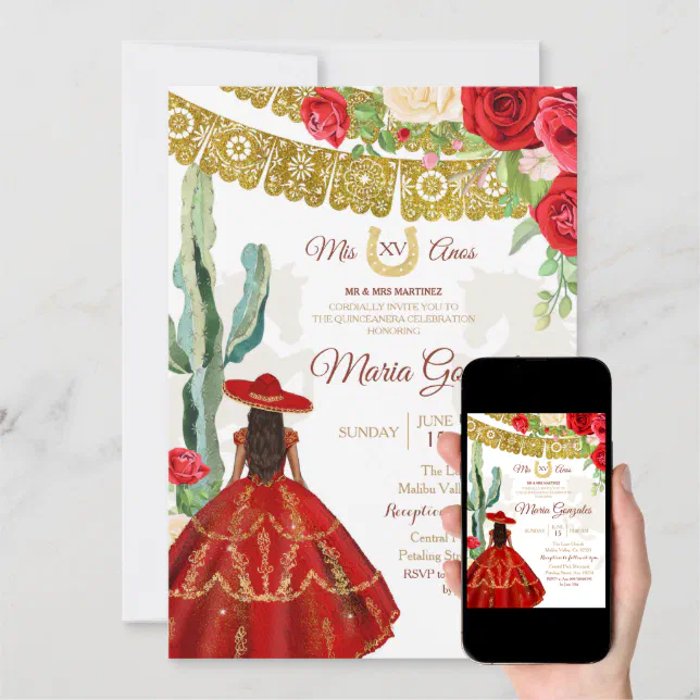 Red Rose Mexican Princess Quinceañera Invitation Zazzle