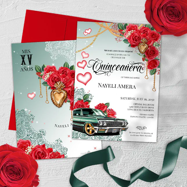 Red Rose Mexicana Green Lowrider Chola Quinceanera Invitation | Zazzle