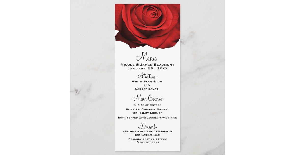 Red Rose Modern Glam Elegant Wedding Menu | Zazzle
