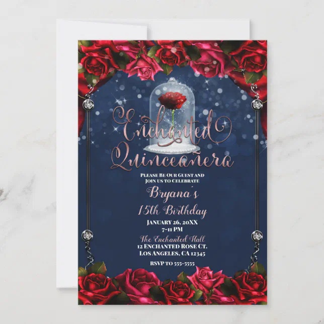 Red Rose Navy Blue Gold Quinceañera 15 15th Party Invitation | Zazzle