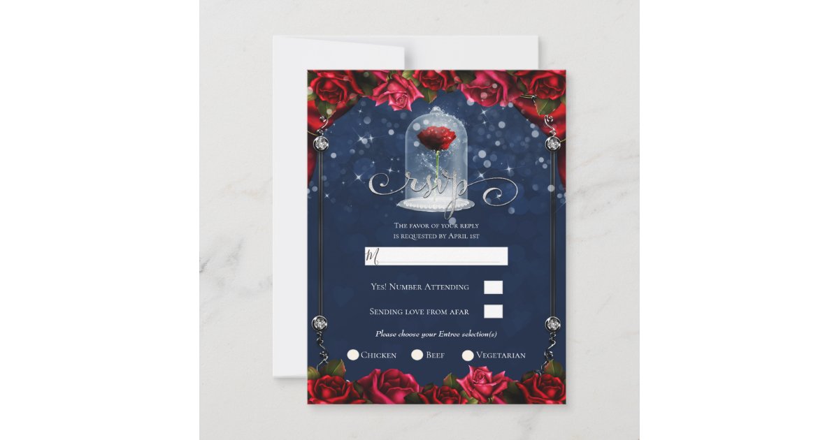 Red Rose Navy Blue White Gold Silver Party RSVP Invitation | Zazzle