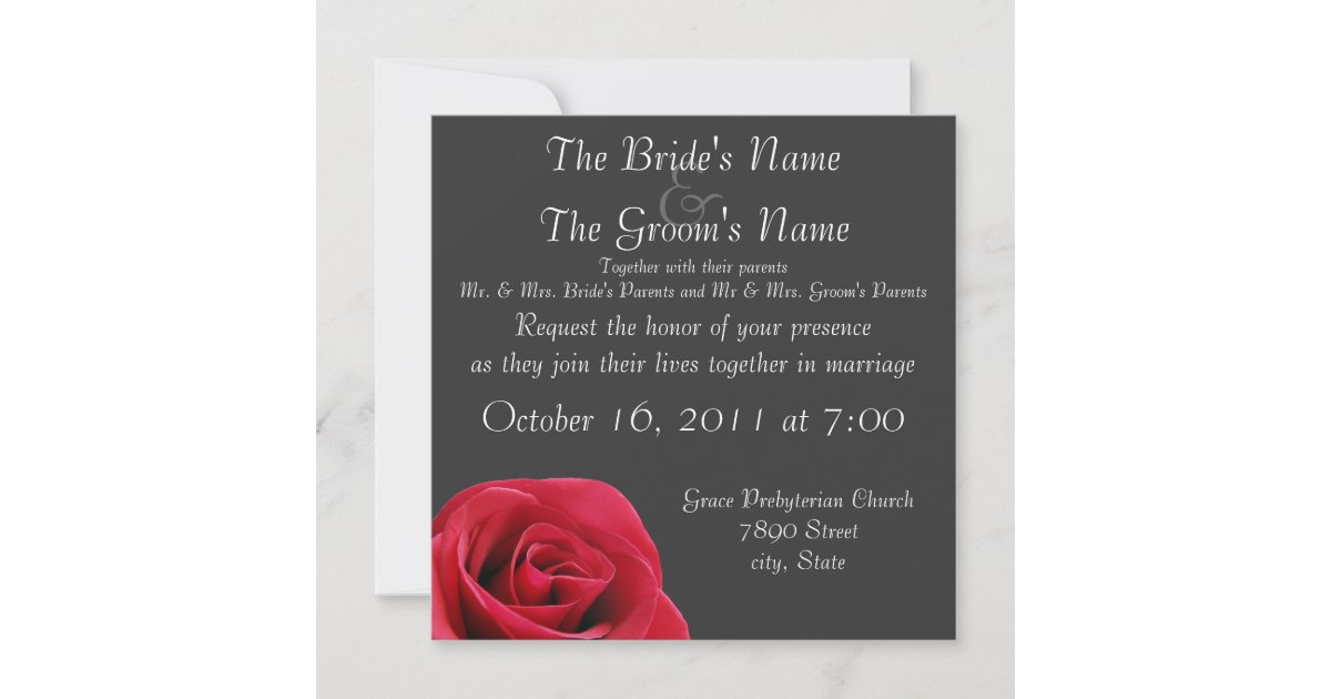 red rose on grey wedding invitations | Zazzle