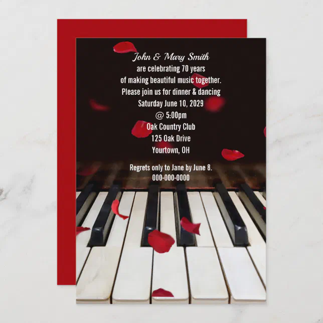 Red Rose Petals on Piano 70th Anniversary Invitation | Zazzle