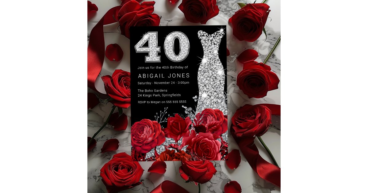 Red Rose Silver Diamond Dress Black 40th Birthday Invitation | Zazzle