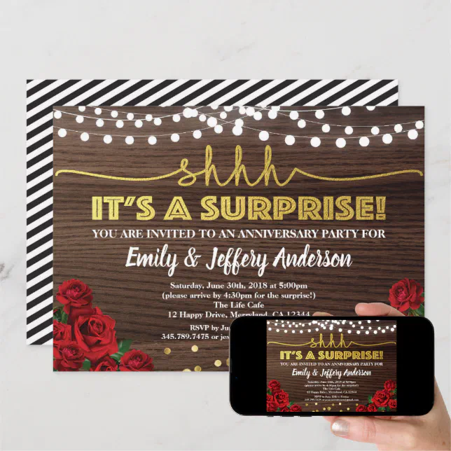 Red rose surprise anniversary party invitation | Zazzle