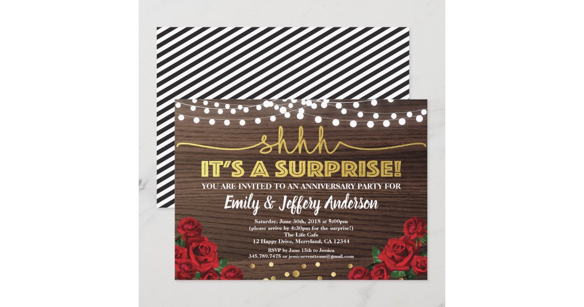 Red rose surprise anniversary party invitation | Zazzle