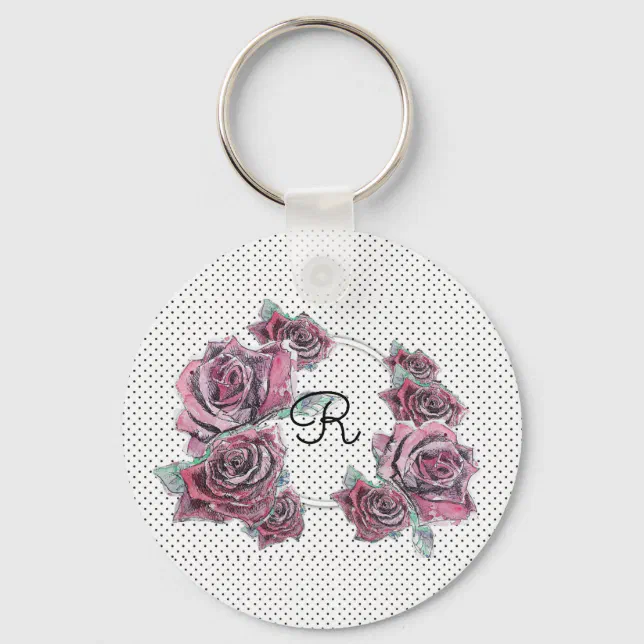 Red Rose Watercolour dot Womans Initial Keyring | Zazzle