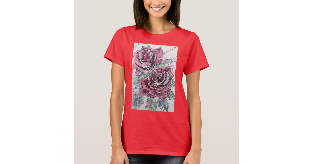 Red Rose Watercolour Ink Painting art T Shirt | Zazzle