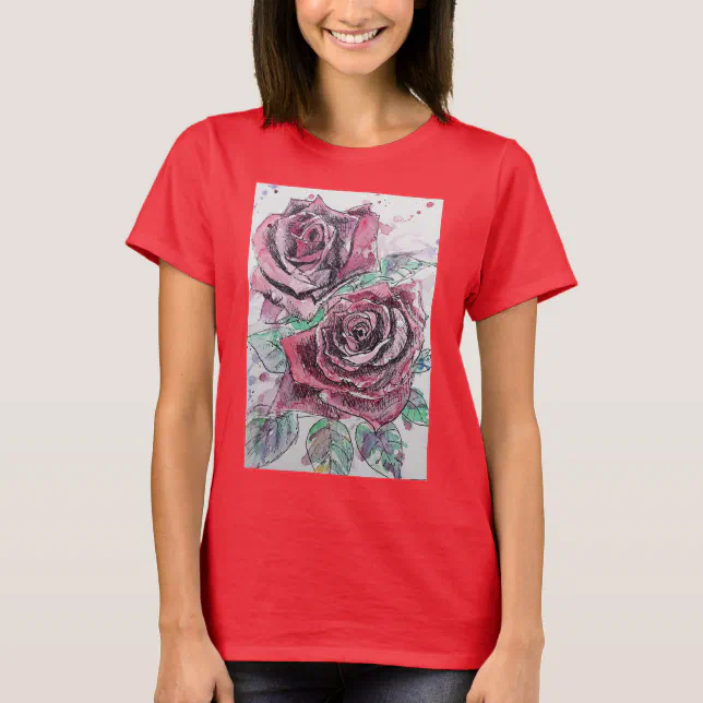 Red Rose Watercolour Ink Painting art T Shirt | Zazzle