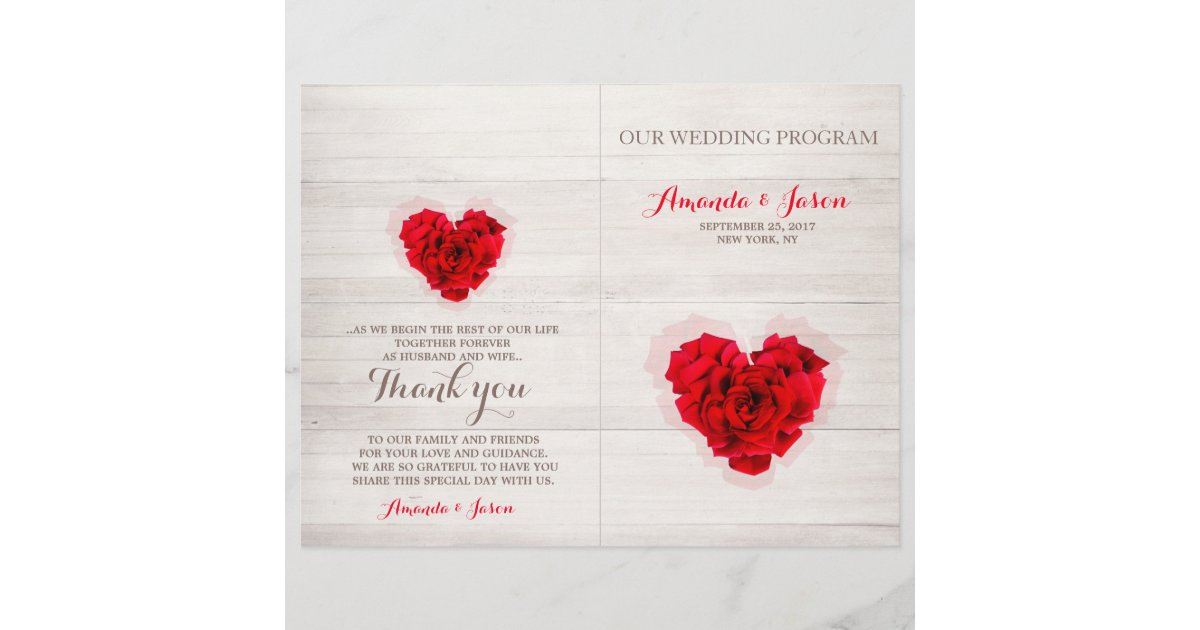Red rose wedding program card hhn01 | Zazzle