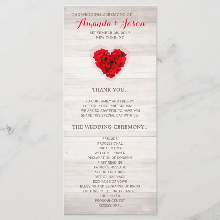 Red rose wedding program card hhn01 | Zazzle.com