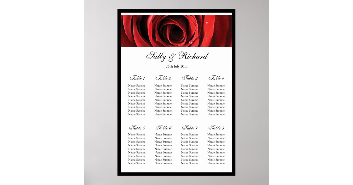 Red Rose Wedding Table Seating Plan Poster | Zazzle