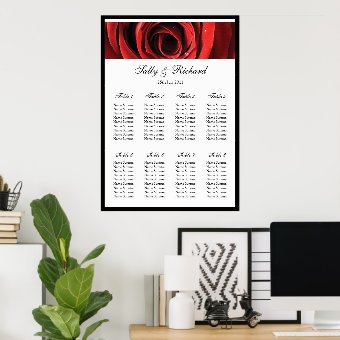 Red Rose Wedding Table Seating Plan Poster | Zazzle