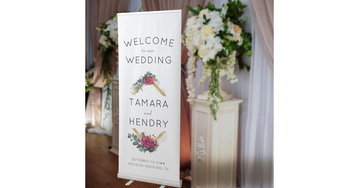 Red Rose Wedding Welcome Retractable Banner | Zazzle