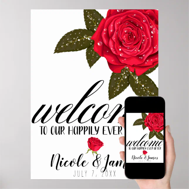 Red Rose Wet Water Dew Drops Wedding Welcome Poster | Zazzle