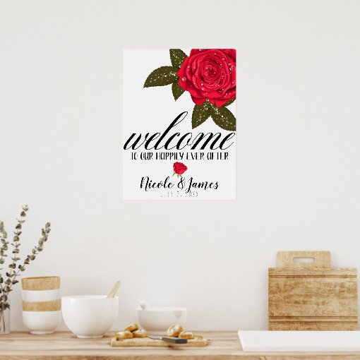 Red Rose Wet Water Dew Drops Wedding Welcome Poster | Zazzle