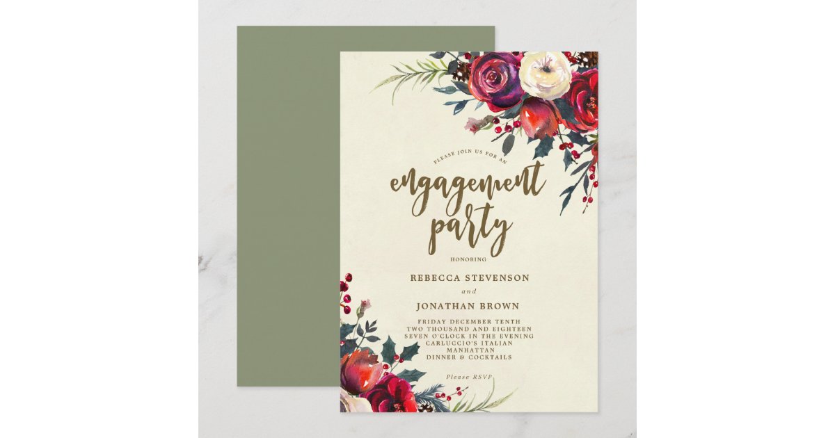 red rose winter floral engagement party invitation | Zazzle