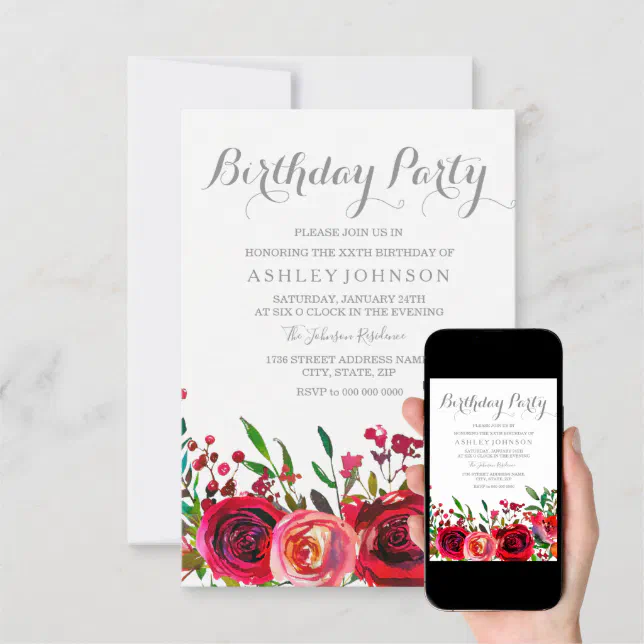 Red Rose Womans Birthday Party Invitation | Zazzle