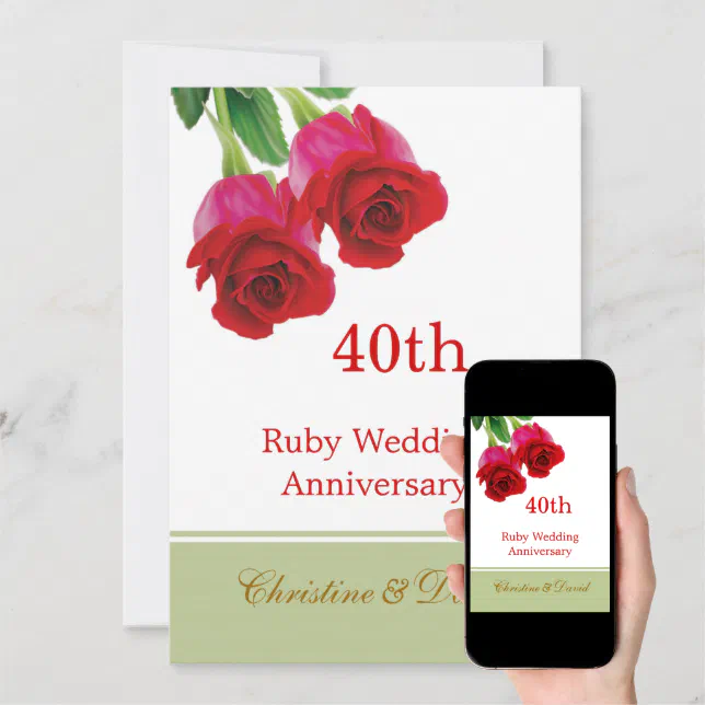Red roses 40th Ruby Wedding Anniversary Invitation | Zazzle