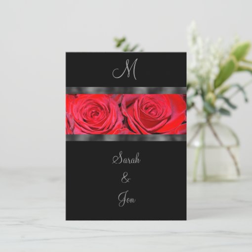 Red Roses and Black Monogram Wedding Invitation | Zazzle