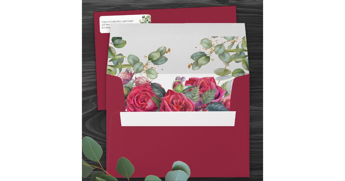 Red Roses and Eucalyptus Wedding Envelope | Zazzle