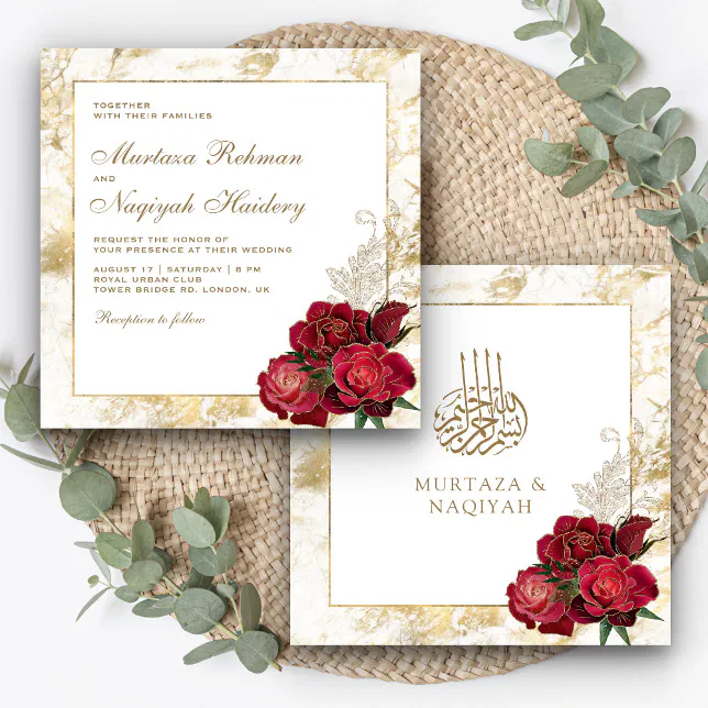 Red Roses and Gold Marble Islamic Muslim Wedding Invitation | Zazzle