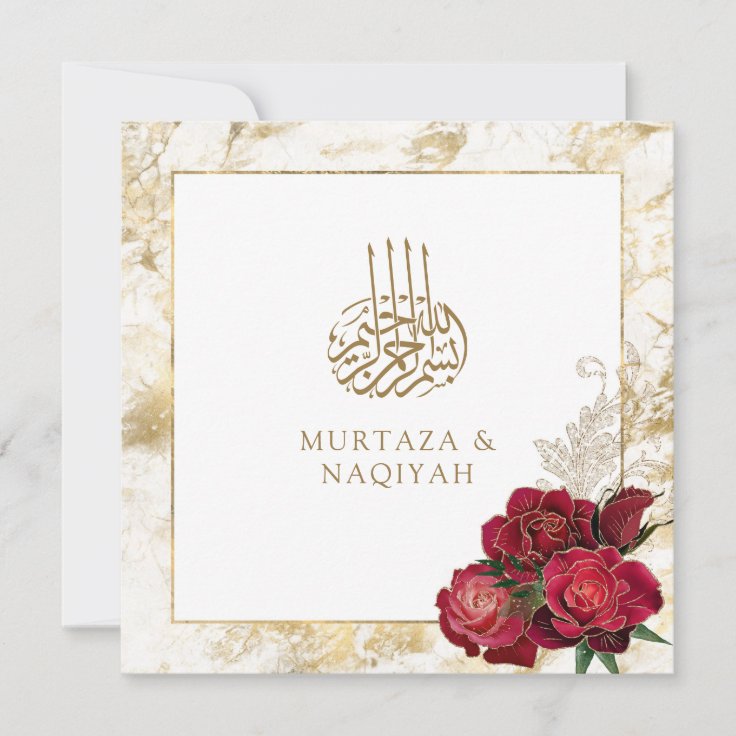 Red Roses and Gold Marble Islamic Muslim Wedding Invitation | Zazzle