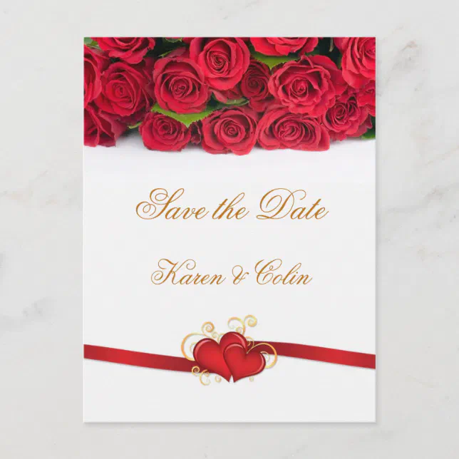 Red roses and hearts Save the Date Announcement Postcard | Zazzle