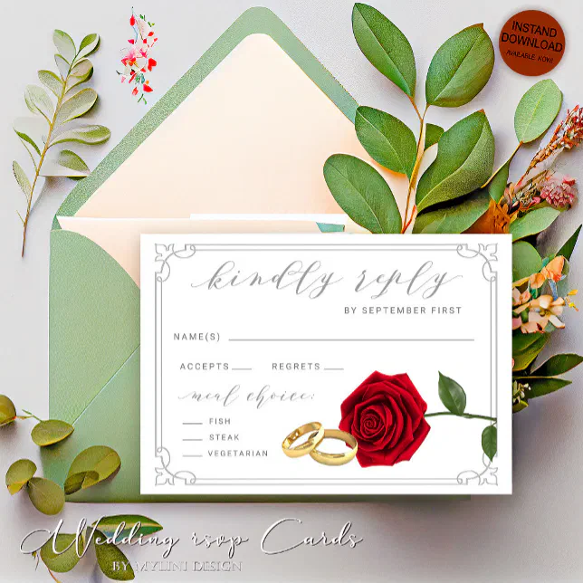 Red Roses and Rings Floral Wedding RSVP Card | Zazzle