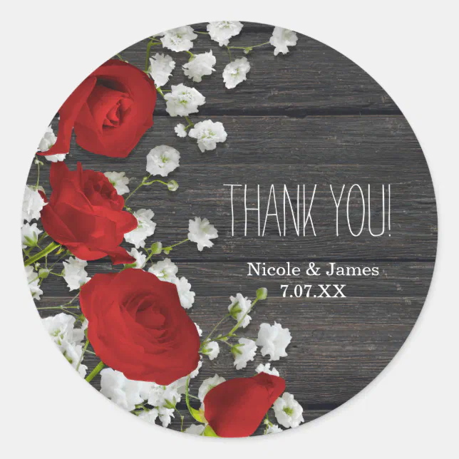 Red Roses & Baby's Breath on Wood Bridal Shower Classic Round Sticker ...