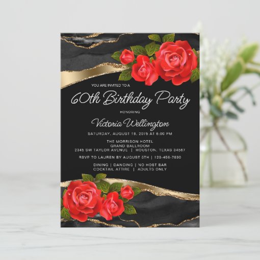 Red Roses Black Gold Any Number Birthday Invitation | Zazzle