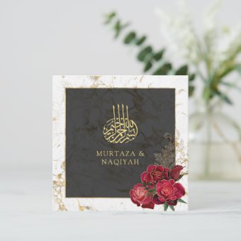 Red Roses Black Gold Marble Islamic Muslim Wedding Invitation | Zazzle
