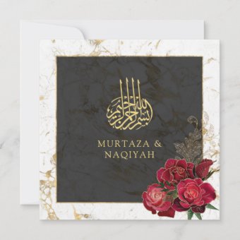Red Roses Black Gold Marble Islamic Muslim Wedding Invitation | Zazzle