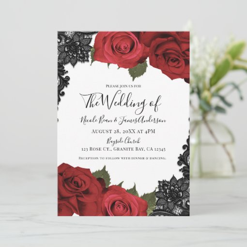 Red Roses & Black Lace White Chic Wedding Invitation | Zazzle