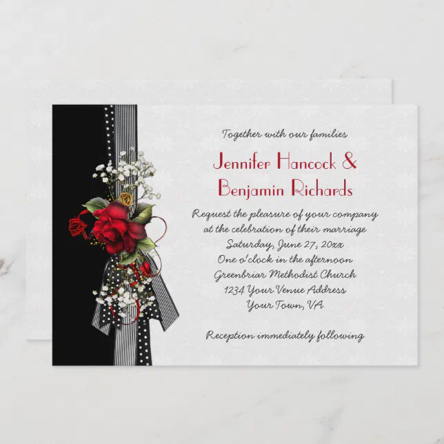 Red Roses Black Ribbons Wedding Invitations | Zazzle