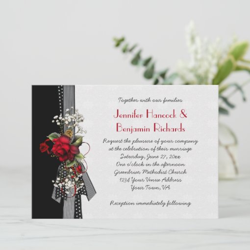 Red Roses Black Ribbons Wedding Invitations | Zazzle