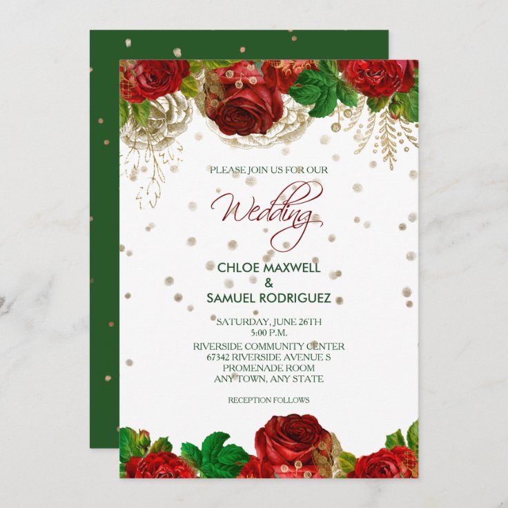 Red Roses Border Floral Wedding Invitation | Zazzle