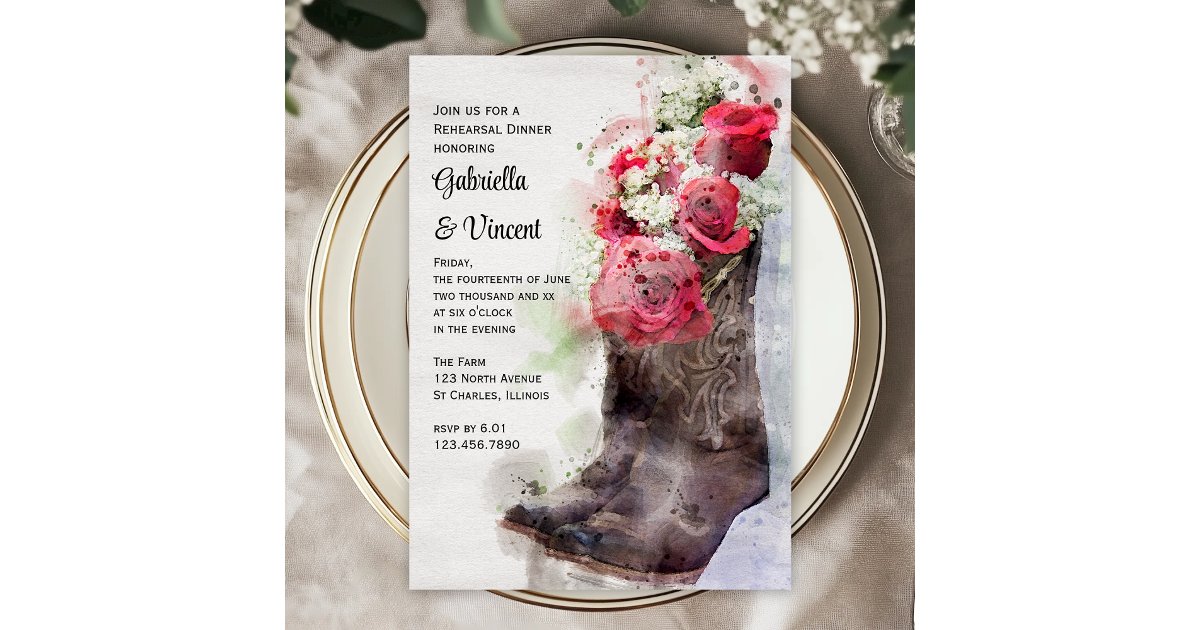 Red Roses Cowboy Boots Wedding Rehearsal Dinner Invitation | Zazzle
