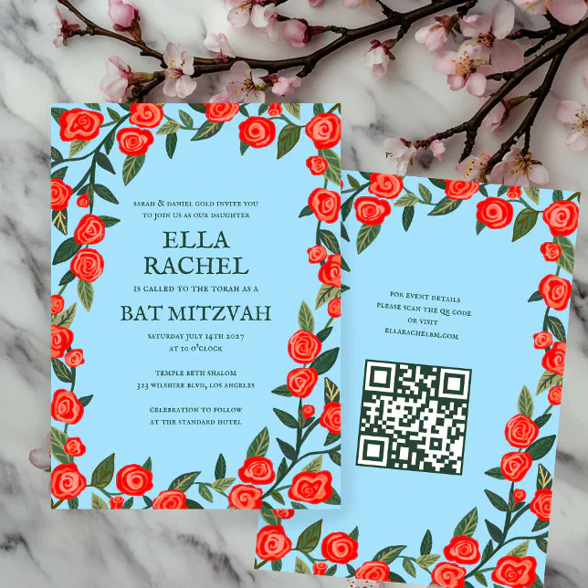 Red Roses Custom B'nai Bat Bar Mitzvah QR Code Invitation | Zazzle