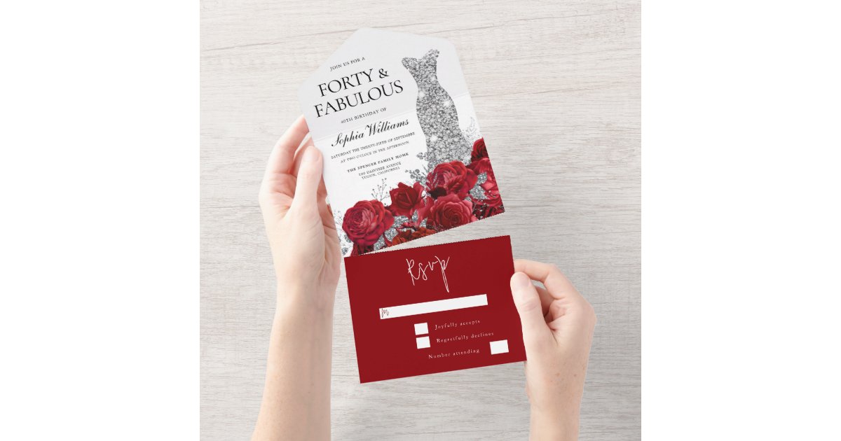 Red Roses Diamond Gown Dress 40th Birthday Party All In One Invitation ...