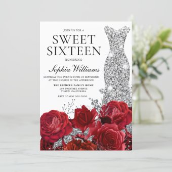 Red Roses Diamond Gown Sweet 16 Birthday Party Invitation | Zazzle