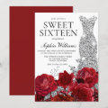 Red Roses Diamond Gown Sweet 16 Birthday Party Invitation | Zazzle