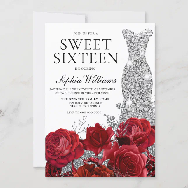 Red Roses Diamond Gown Sweet 16 Birthday Party Invitation | Zazzle