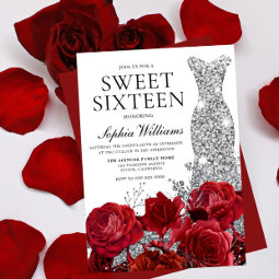 Red Roses Diamond Gown Sweet 16 Birthday Party Invitation | Zazzle