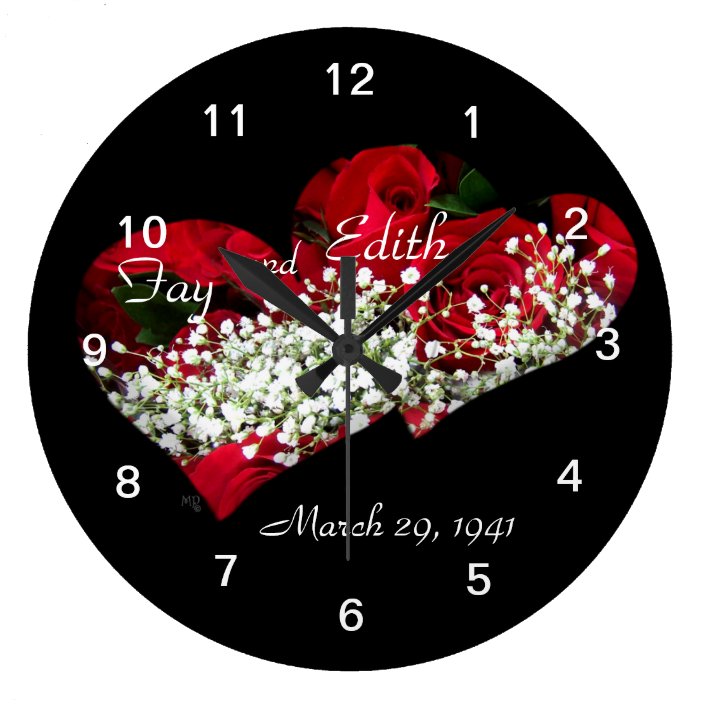 Red Roses & Double Hearts Clock- customize Large Clock | Zazzle.com